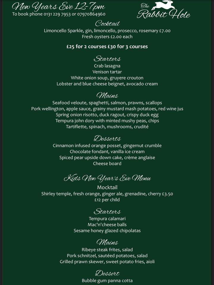 Menu at The Rabbit Hole restaurant, Edinburgh, 11 Roseneath St
