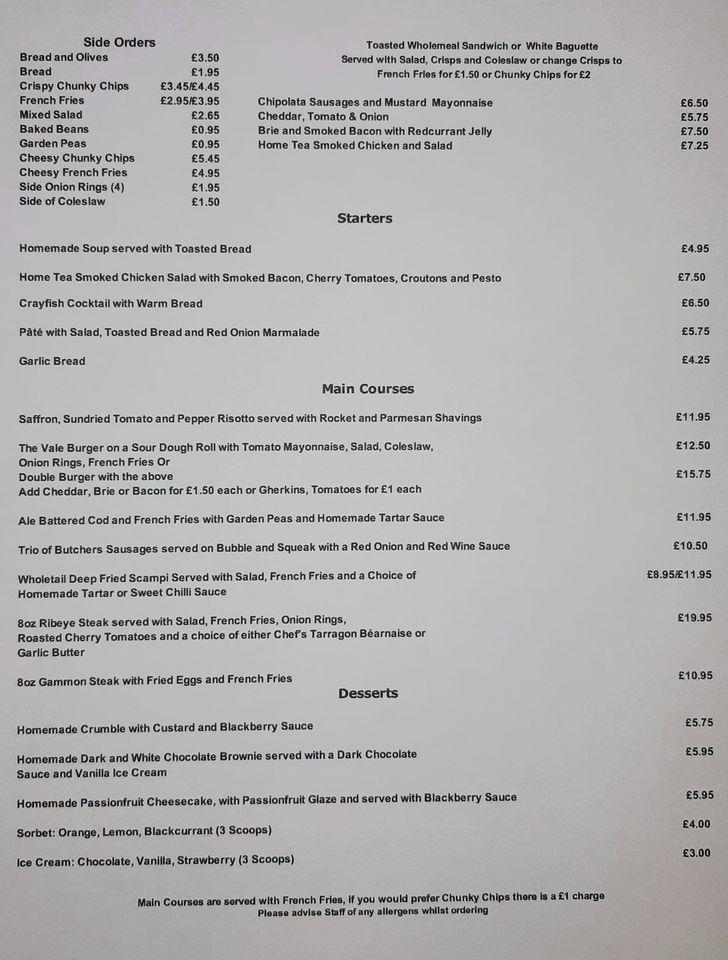 Menu at Vale of the White Horse Inn pub & bar, Minety