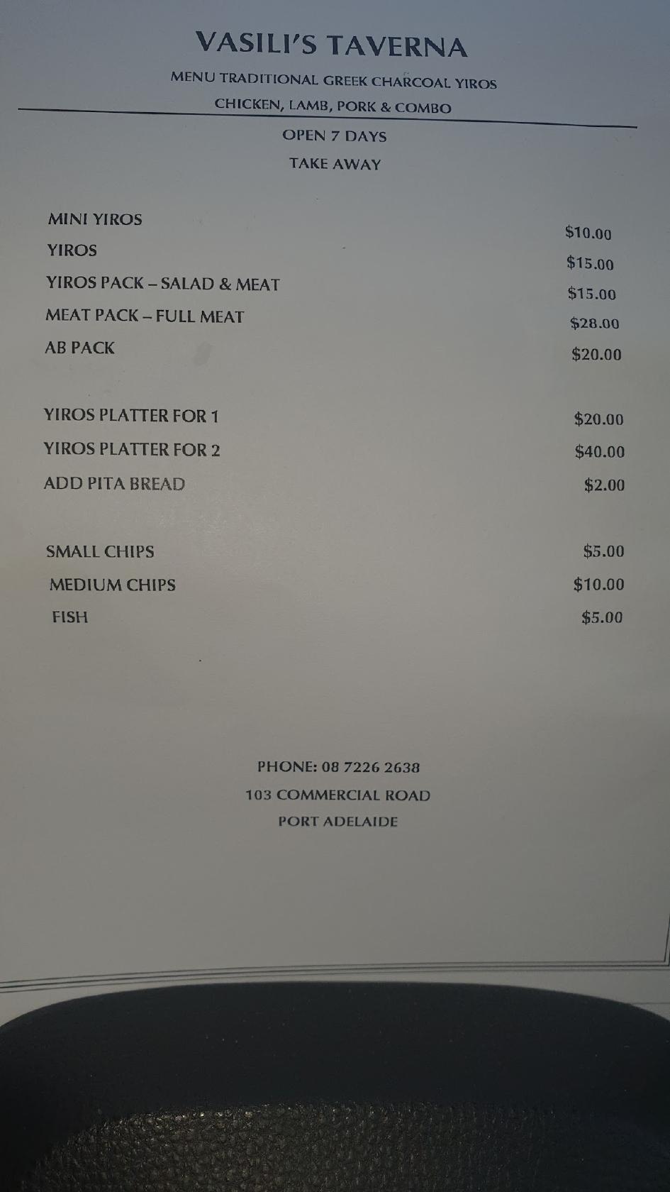 Menu at Vasili's Taverna restaurant, Port Adelaide