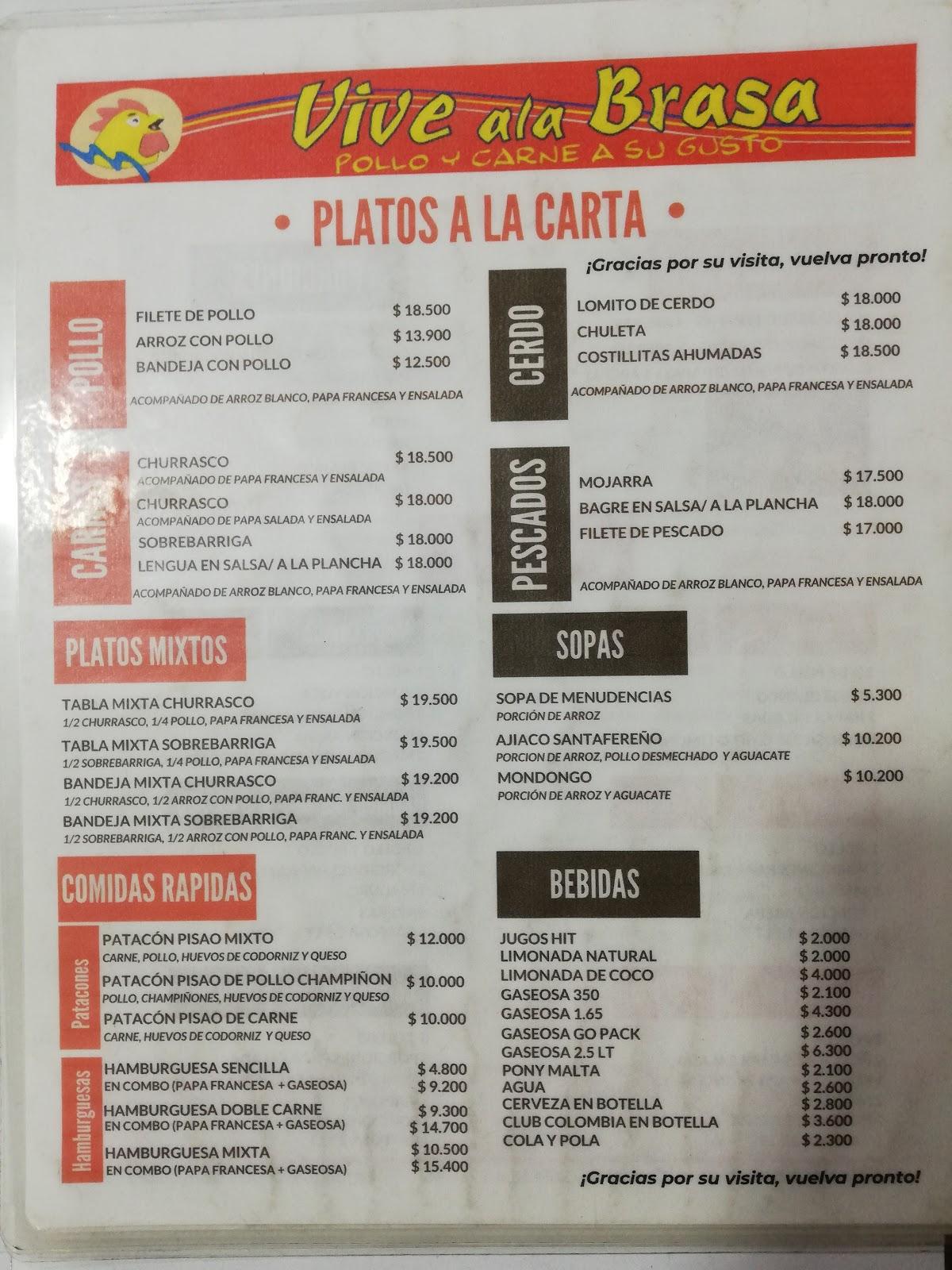Menu at Vive Ala Brasa restaurant, Bogotá