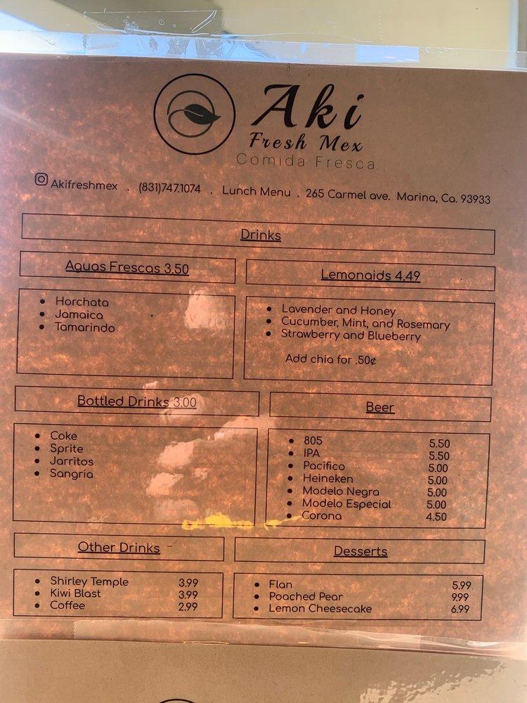 Menu at Aki Fresh Mex restaurant, Marina