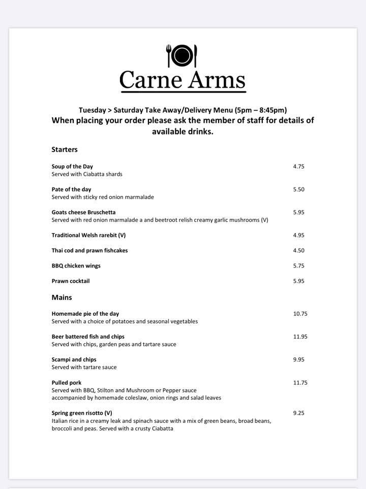 Menu at The Carne Arms pub & bar, Cowbridge, Llysworney