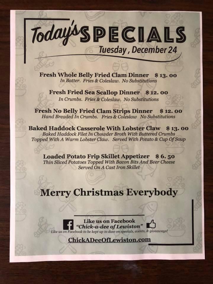 Menu at Chick-A-Dee of Lewiston restaurant, Lewiston