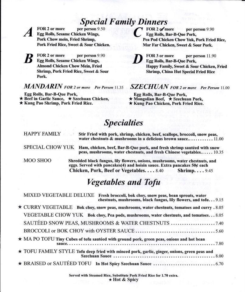 Menu at China Hut restaurant, Grants Pass