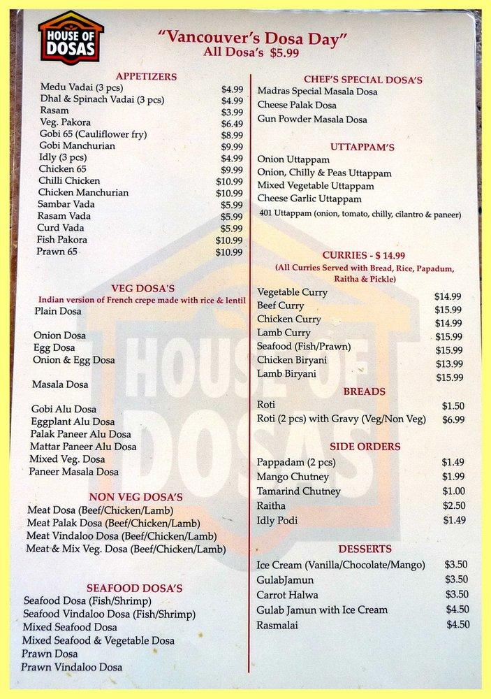 Menu at House Of Dosas restaurant, Vancouver
