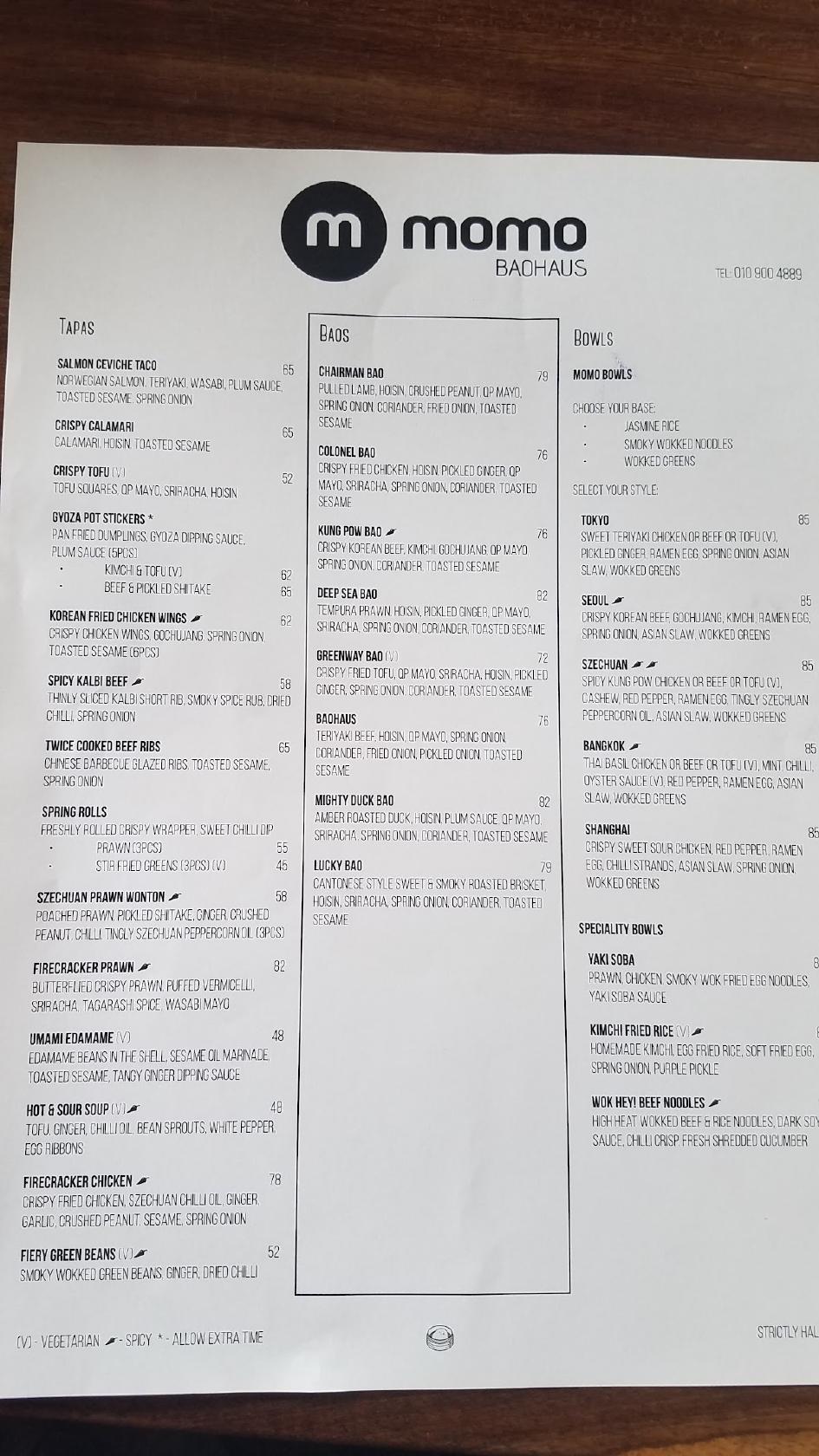 Menu at Momo Baohaus restaurant, Johannesburg