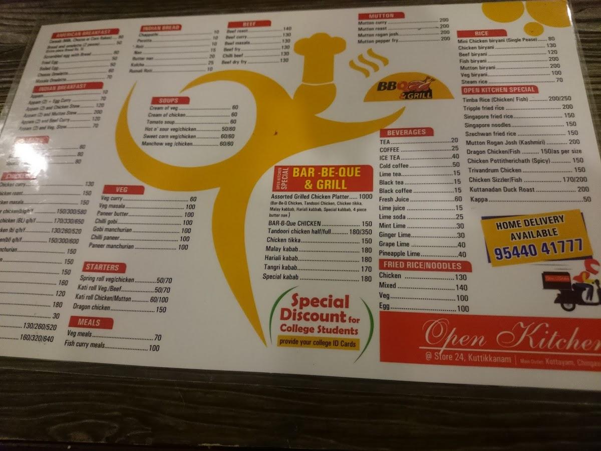 Menu at Open Kitchen Barbeque, Kuttikkanam