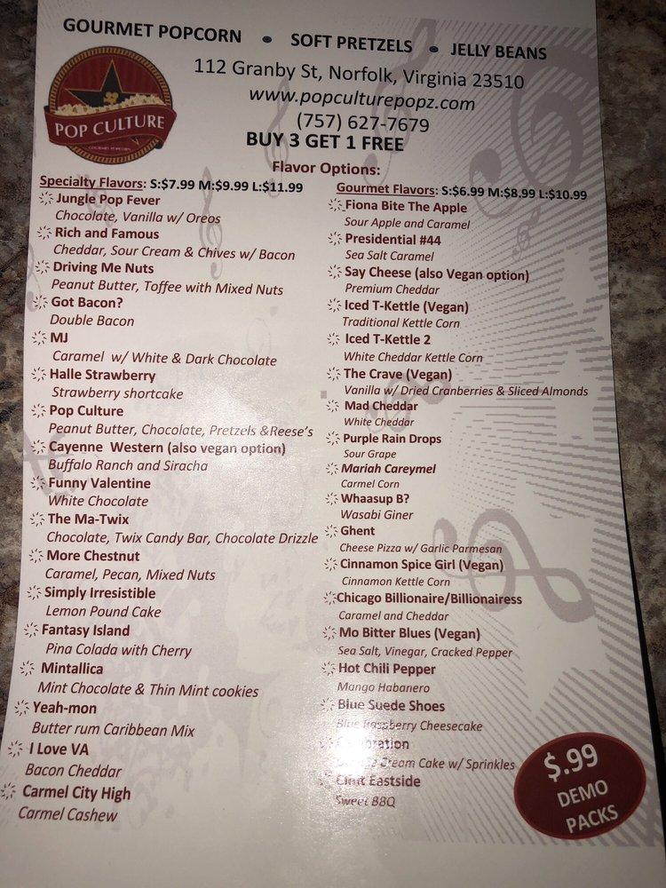 Menu at Pop Culture Gourmet Popcorn, Norfolk