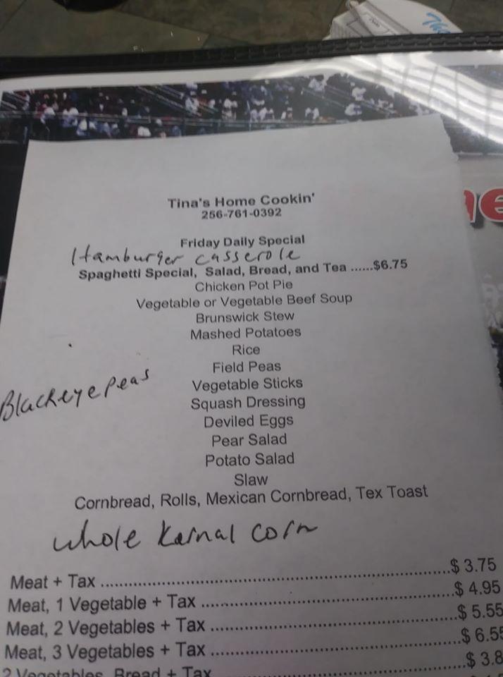 Menu at Tina's Home Cookin' restaurant, Talladega