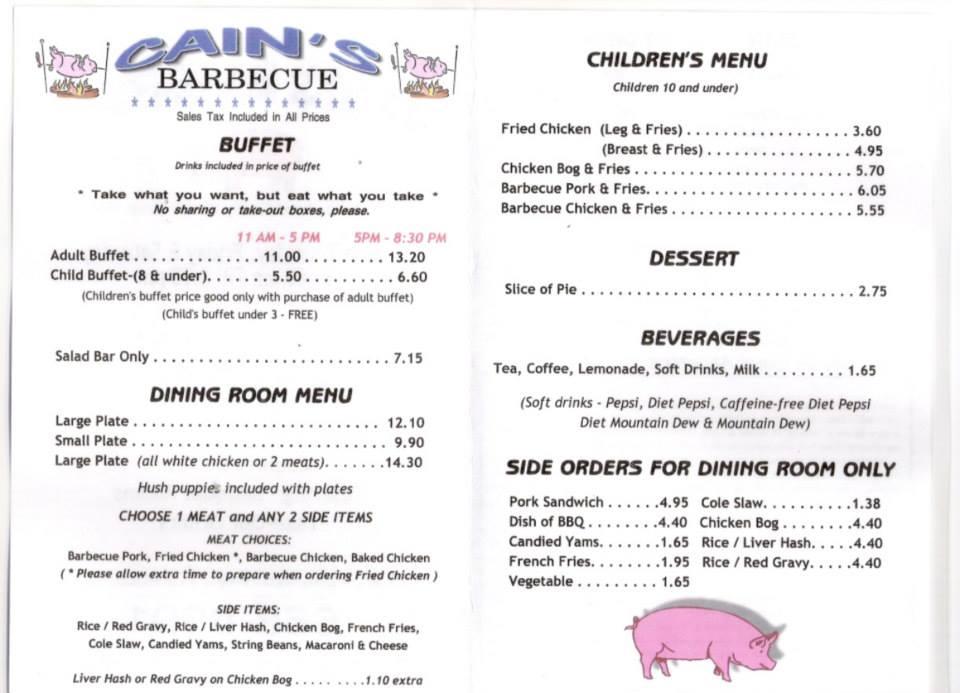Menu at Cain's Bar-B-Que, Florence