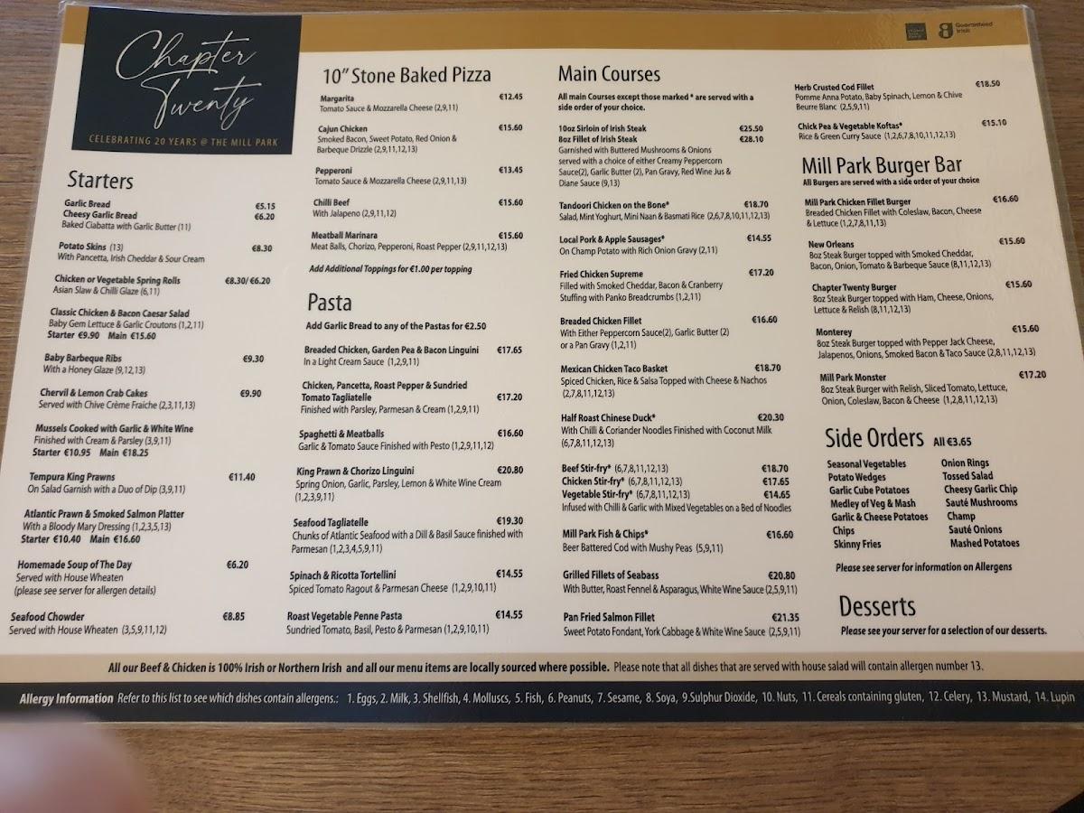 Menu at Chapter Twenty @ Mill Park Hotel pub & bar, Donegal, The Mullins