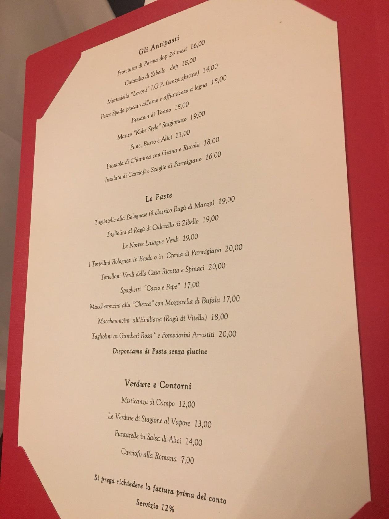 Menu at Dal Bolognese Roma restaurant, Rome