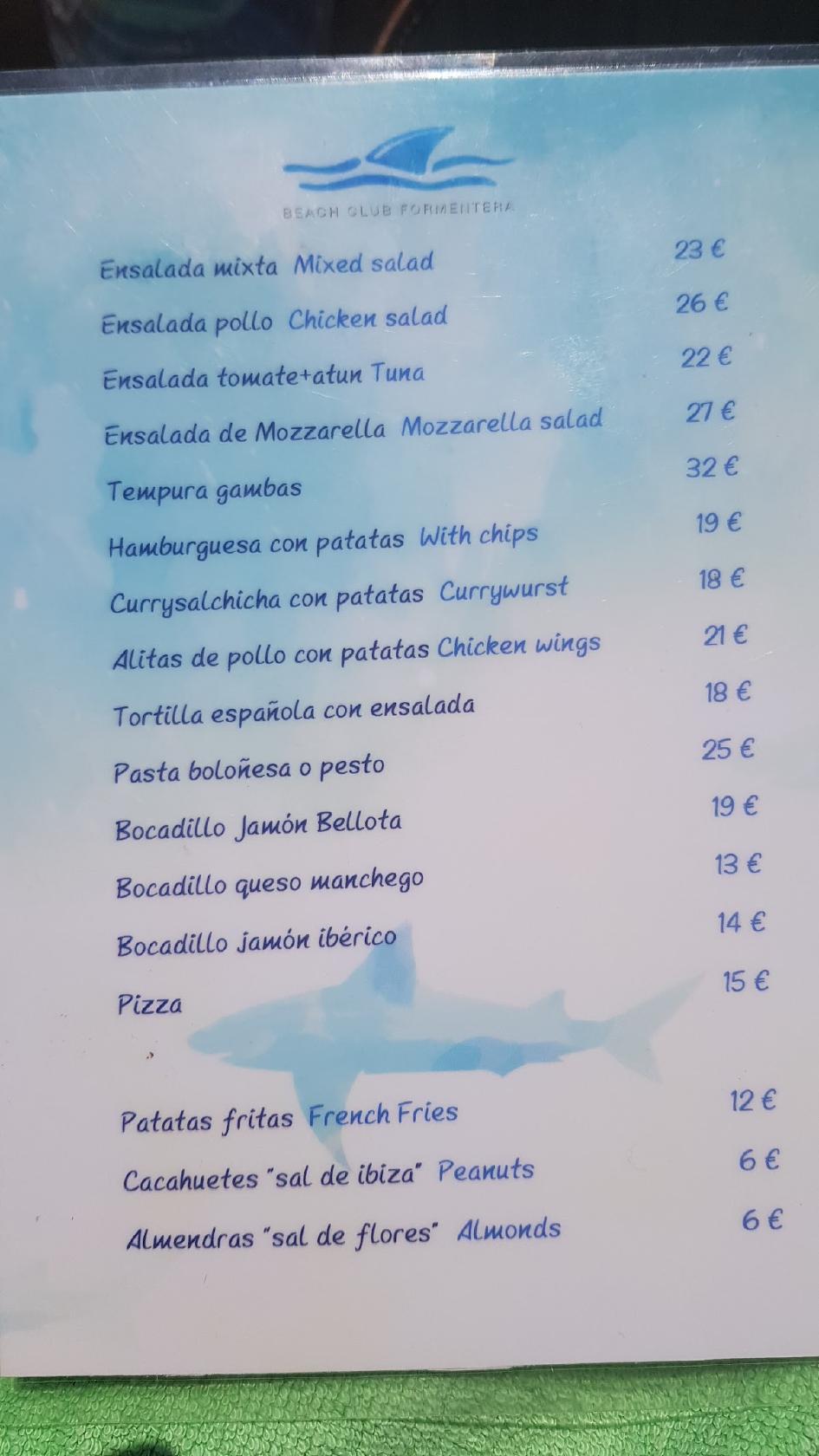 Menu at El Tiburón pub & bar, Formentera