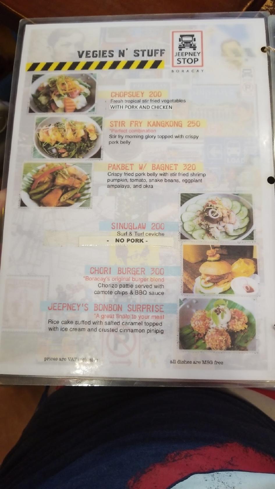Menu at Jeepney Stop Boracay restaurant, Malay