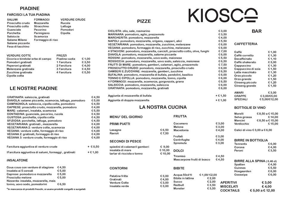 Menu at Kiosco restaurant, Pesaro