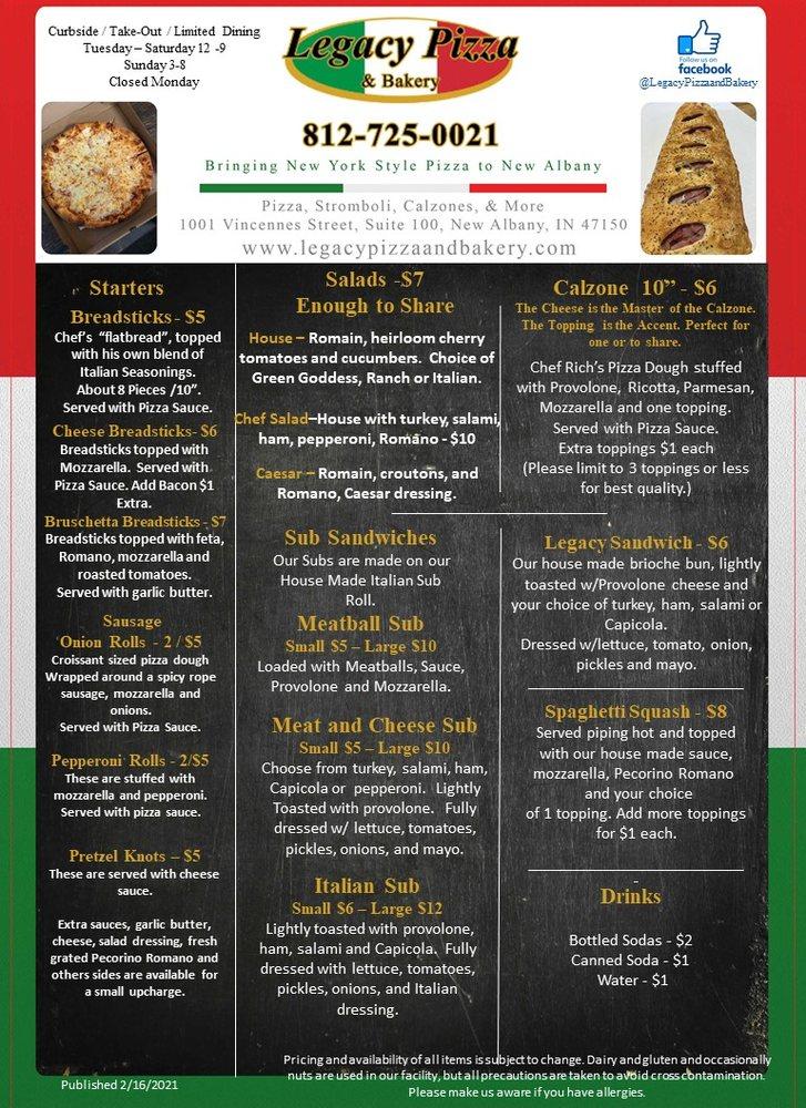 Menu at Legacy Pizza & Bakery, New Albany