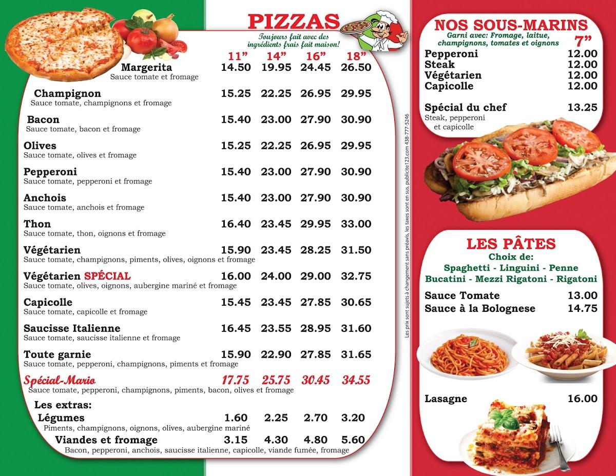 Menu at Pizzeria Chez Mario, Montréal