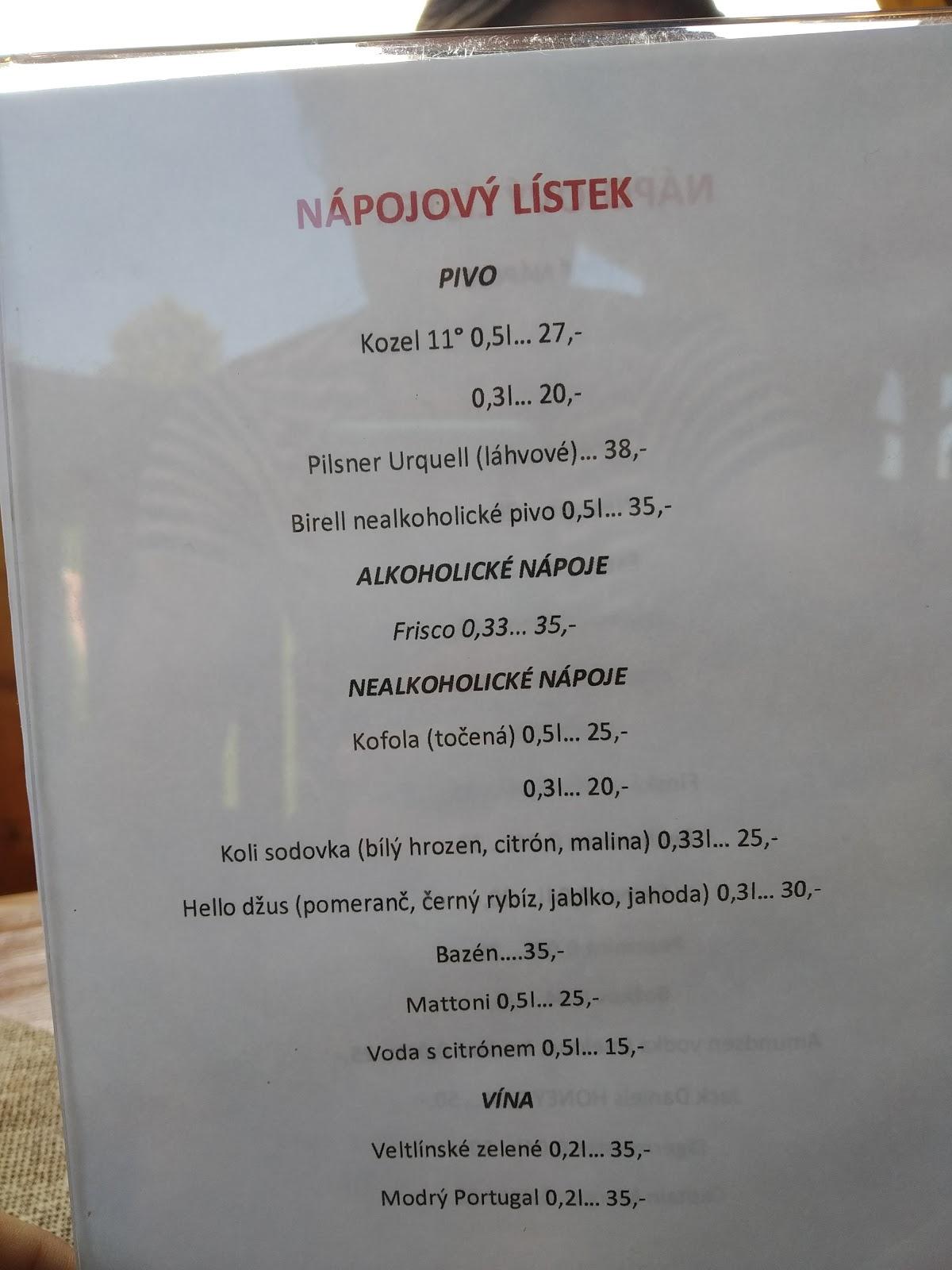 Menu at Rybářská Bašta restaurant, Černá Voda, Černá Voda 180