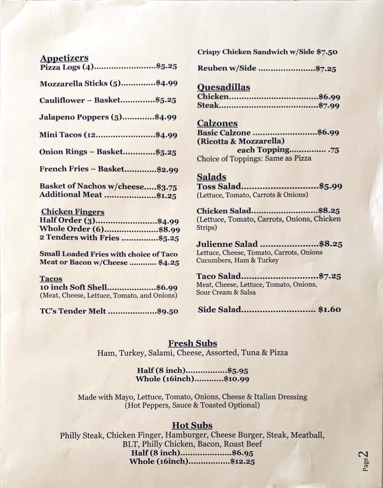 Menu at TC's Diner restaurant, Friendship