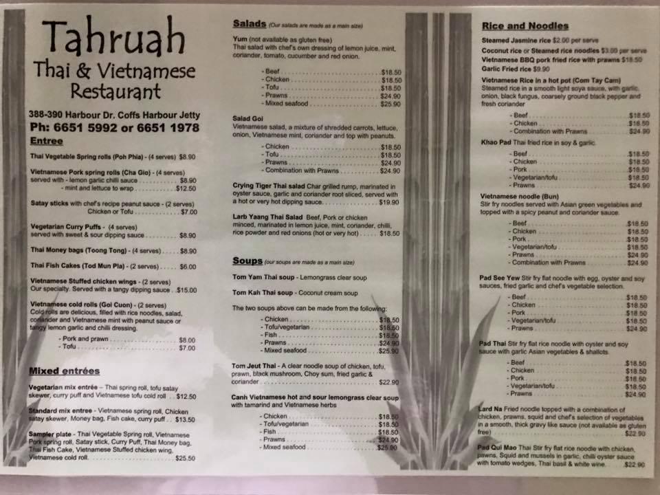 Menu at Tahruah Thai and Vietnamese Restaurant, Coffs Harbour