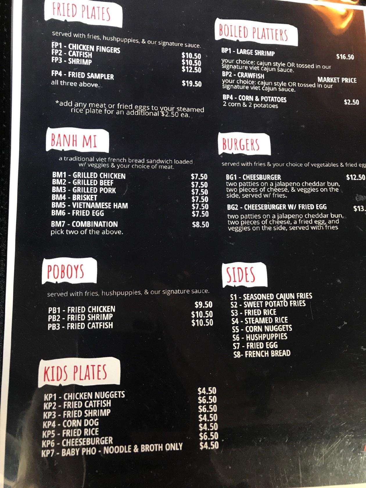 Menu at The Cajun Asian restaurant, Bossier City