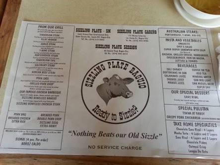 Menu at Sizzling Plate Carino restaurant, Baguio, 4 Carino St