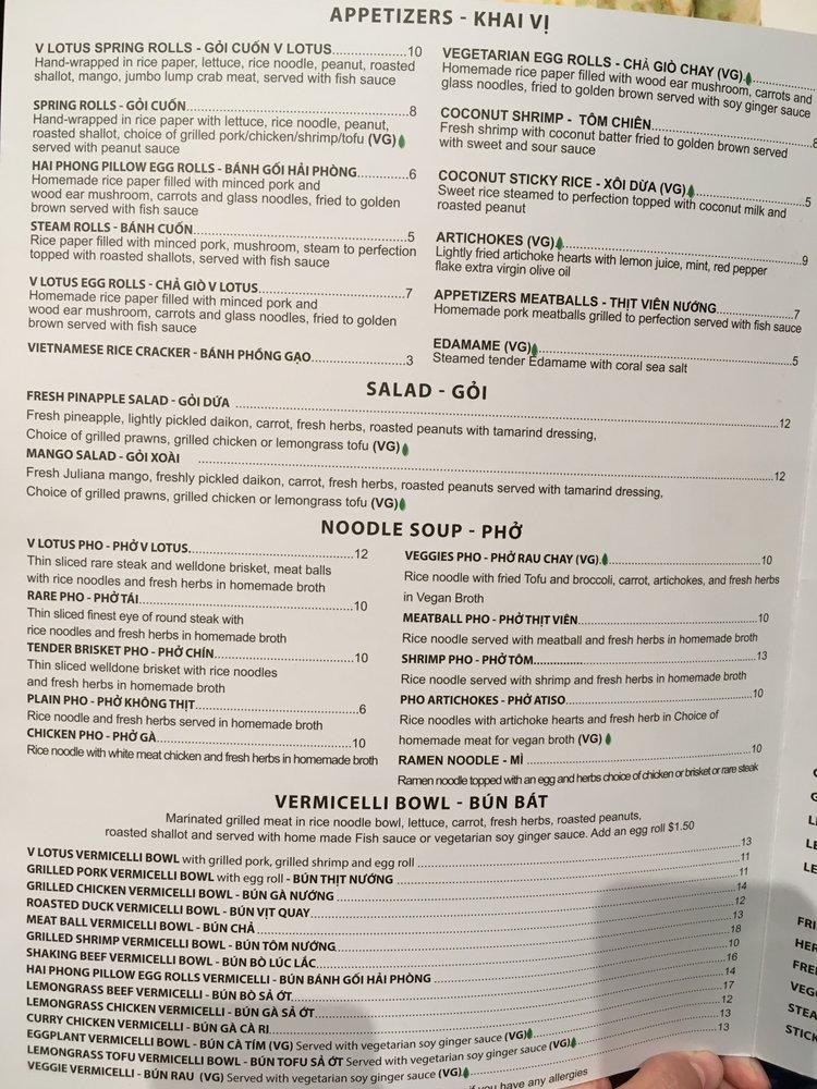 Menu at V Lotus restaurant, Sugar Land