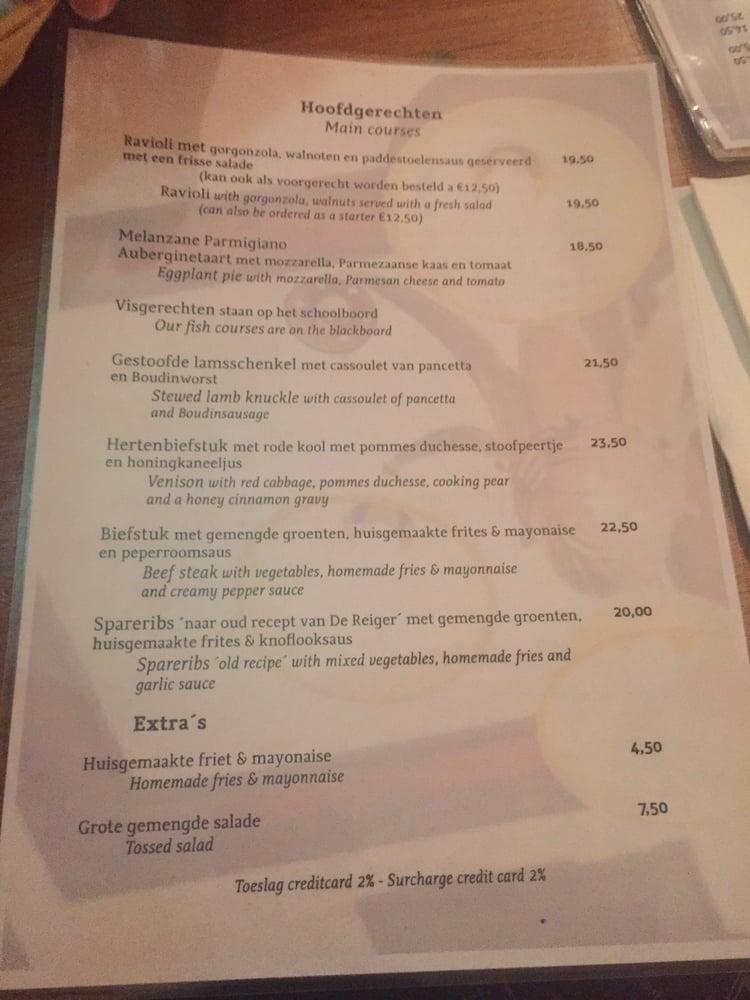 Menu at Café Restaurant De Reiger, Amsterdam