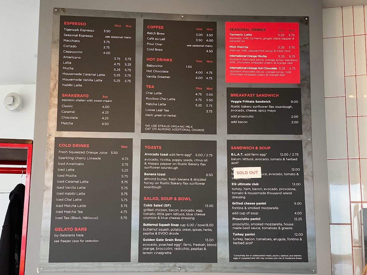 Menu at Equator Coffees cafe, San Francisco, Golden Gate Bridge