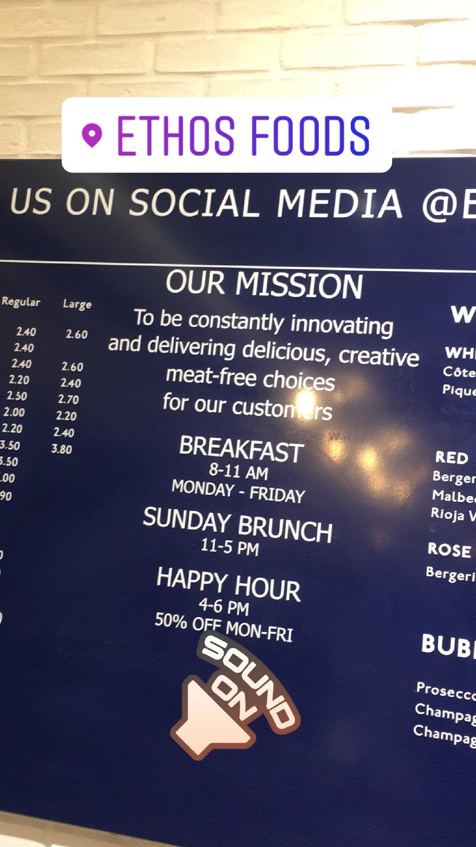Menu at Ethos restaurant, London