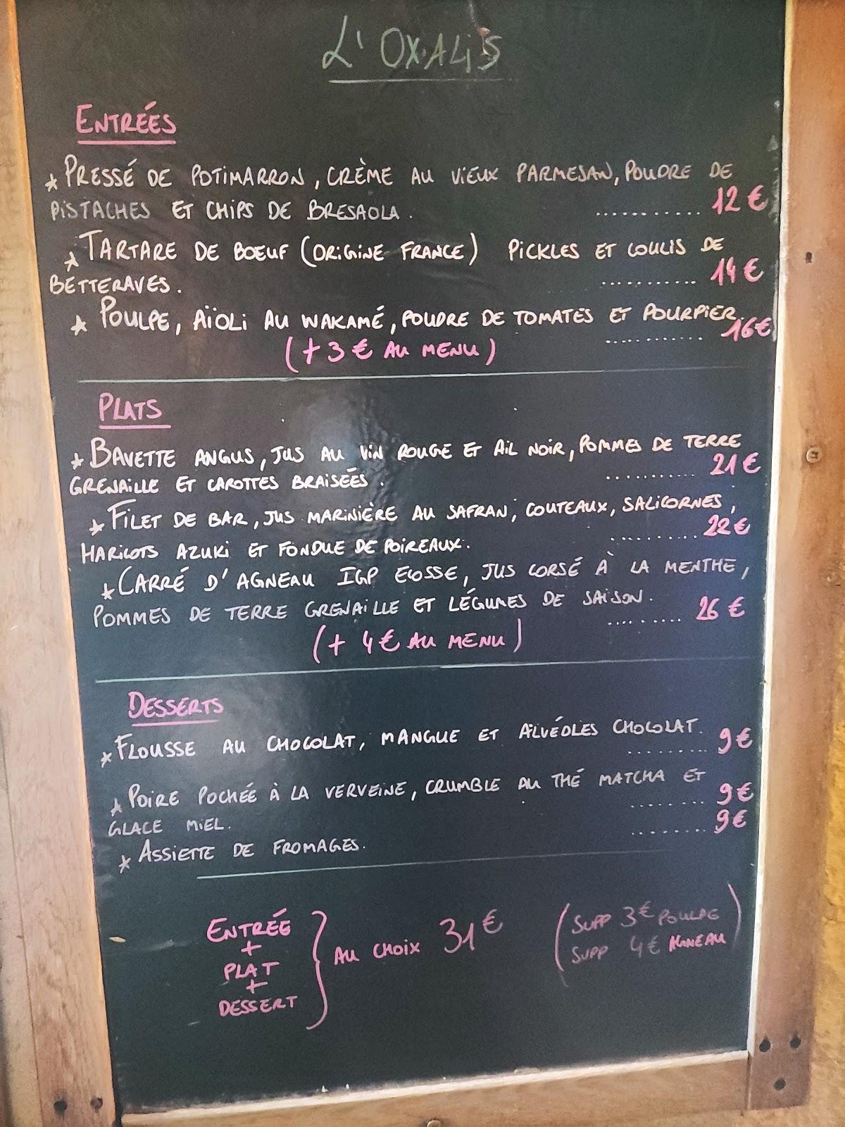 Menu au L'Oxalis pub et bar, Saint-Paul-Trois-Châteaux