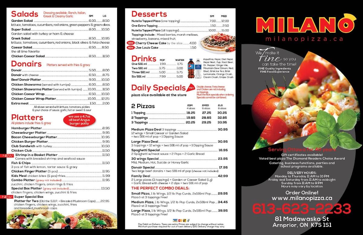Menu at Milano Pizza pizzeria, Arnprior, 81 Madawaska St