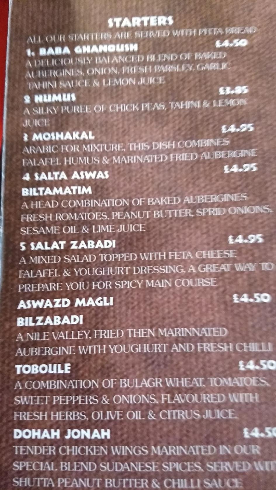 Menu at Nile Valley Cafe, Edinburgh