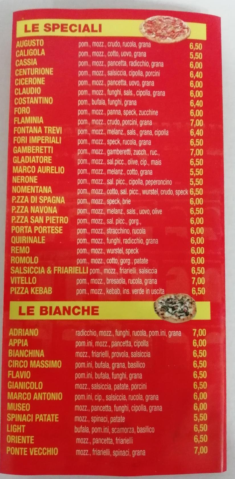 Menu at Pizzeria Vecchia Roma, Bologna