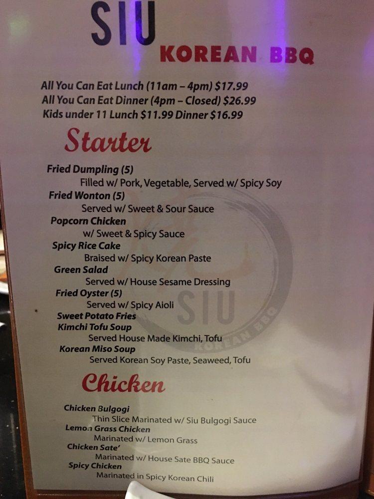 Menu at Siu Korean BBQ, Sparks
