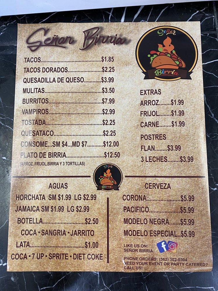 Carta del restaurante Señor Birria, Downey