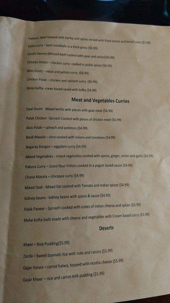 Menu at Sheesh Mahal restaurant, Oklahoma City
