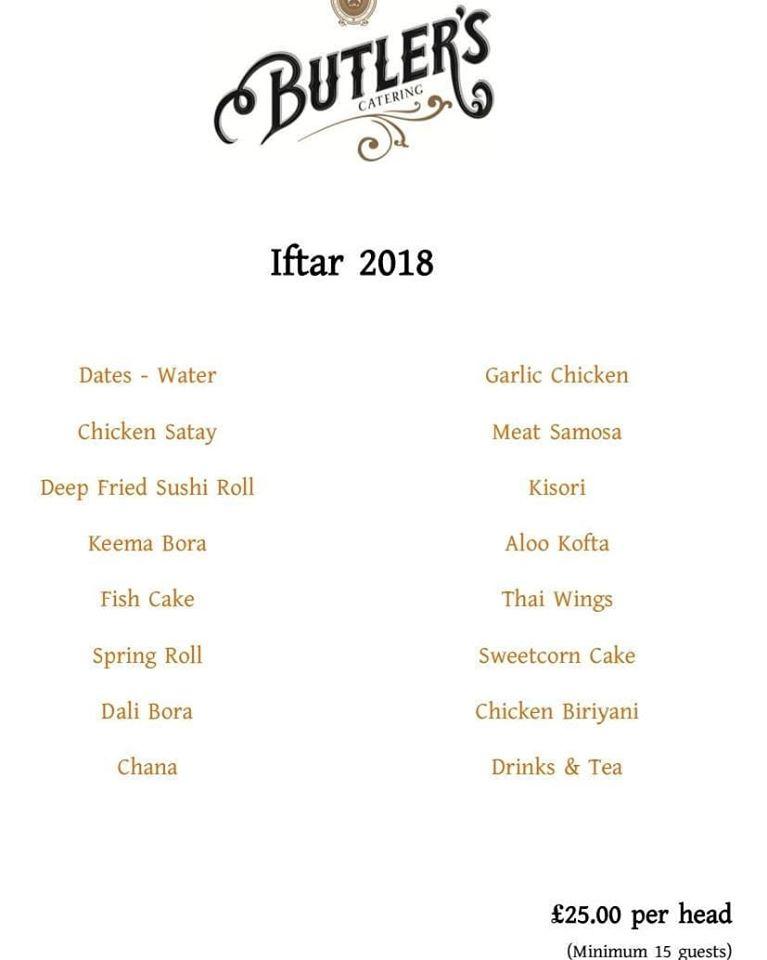 Menu at Indian Butler restaurant, London