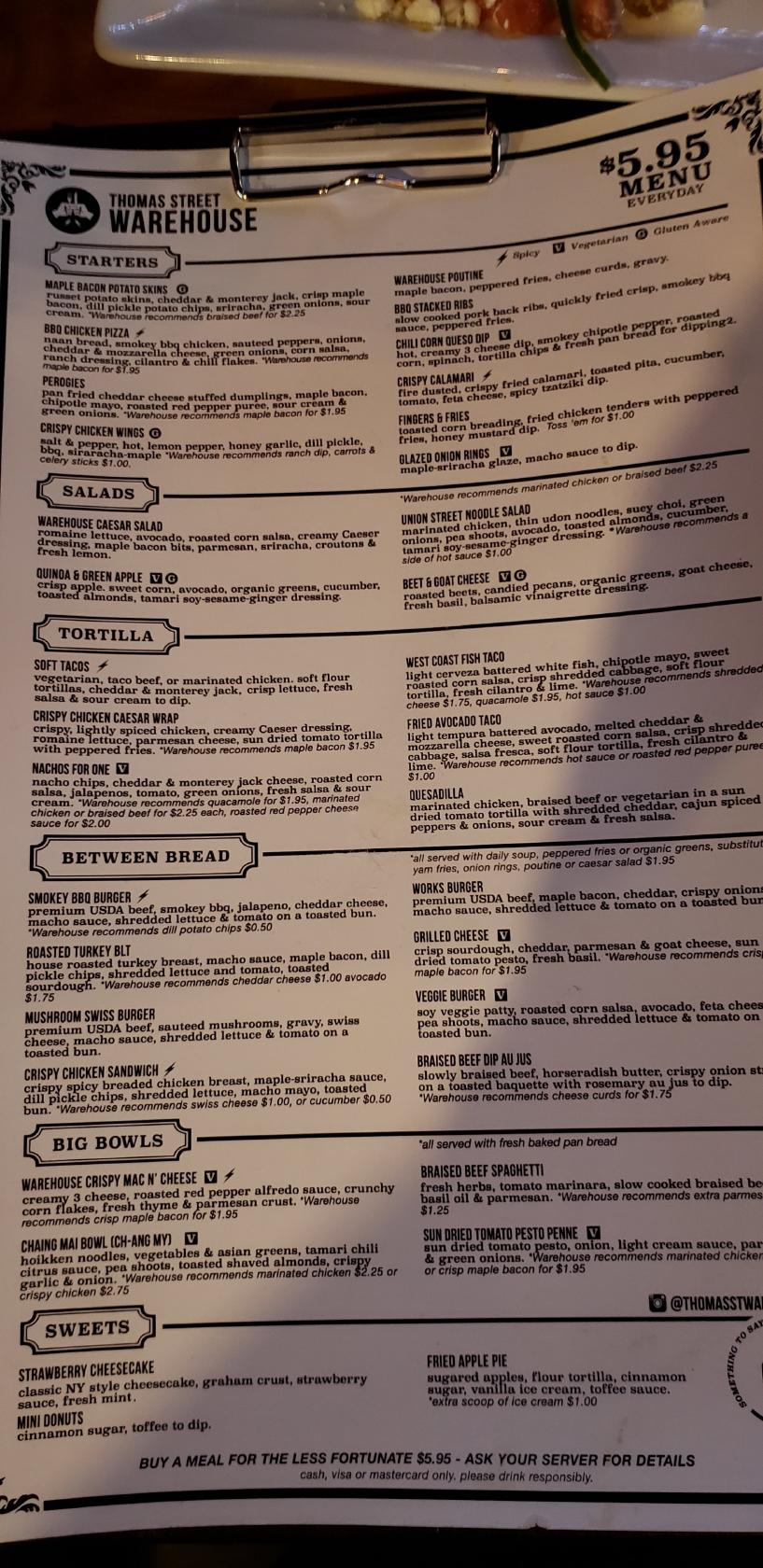 Menu at Thomas Street Warehouse pub & bar, Seattle