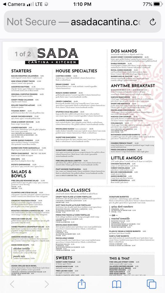 Menu at Asada Cantina + Kitchen pub & bar, San Clemente