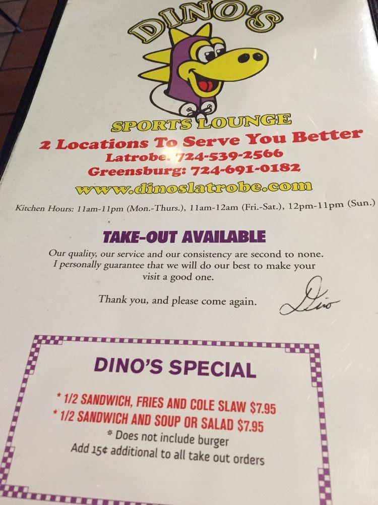 Menu at Dino's Sports Lounge pub & bar, Latrobe, US-30
