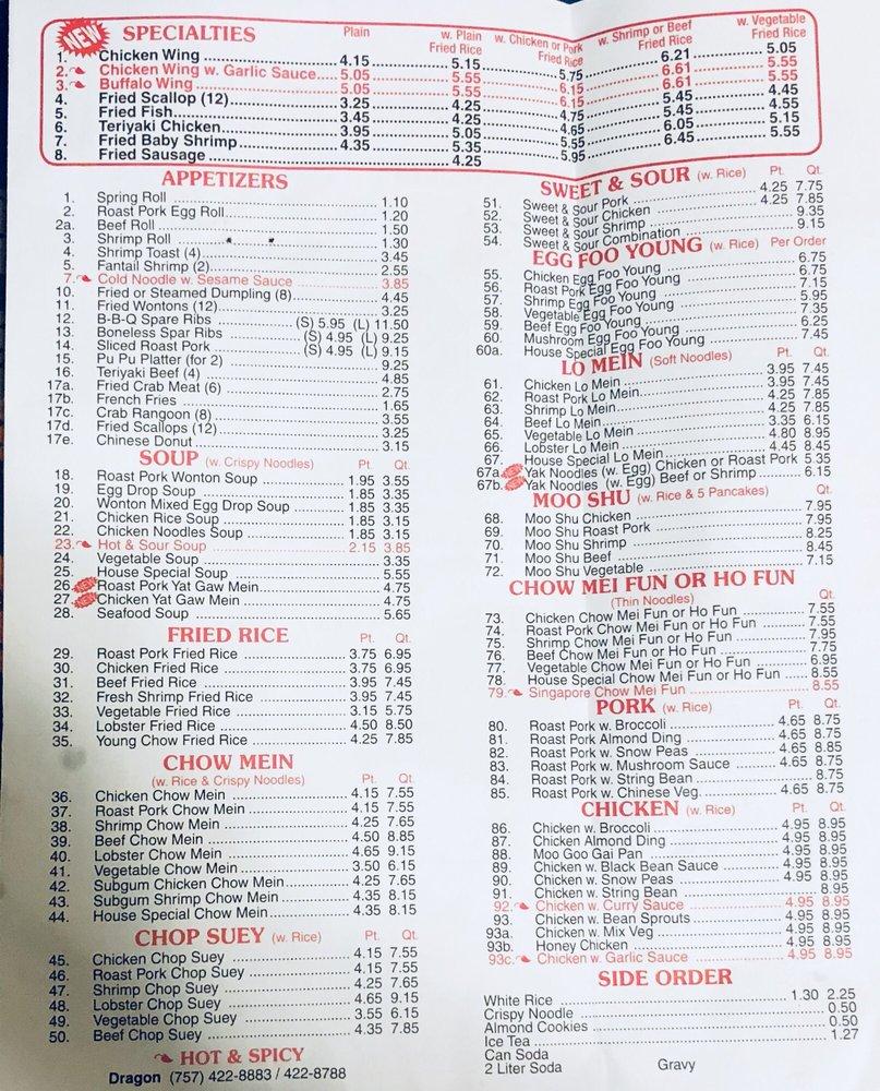 Menu at Dragon Restaurant, Virginia Beach