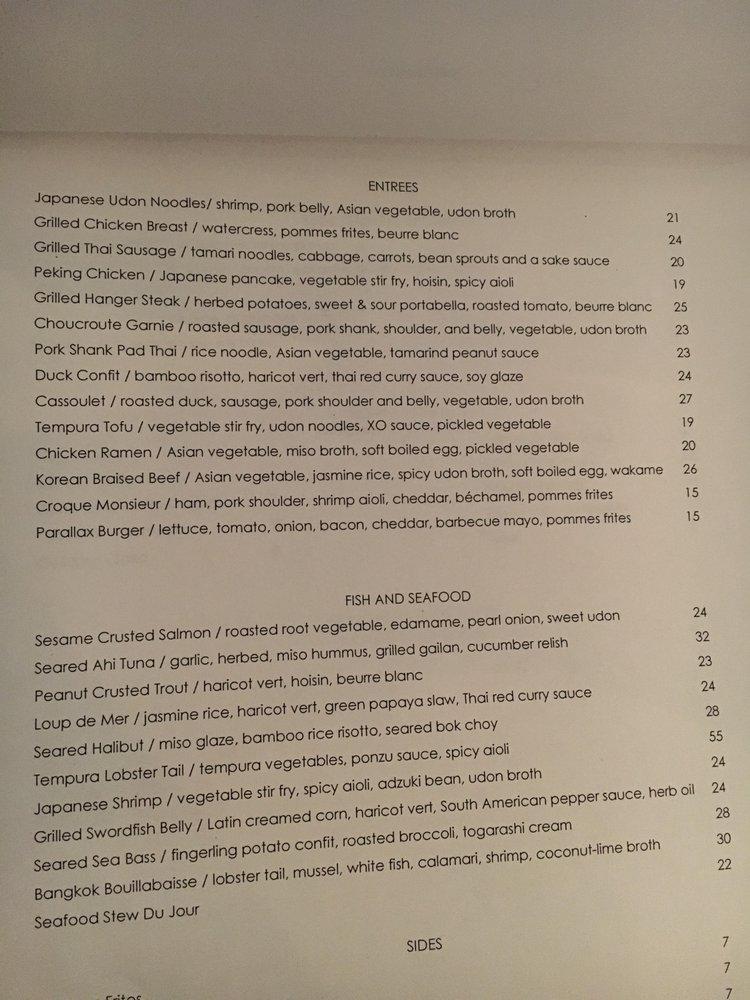 Menu at Parallax restaurant, Cleveland