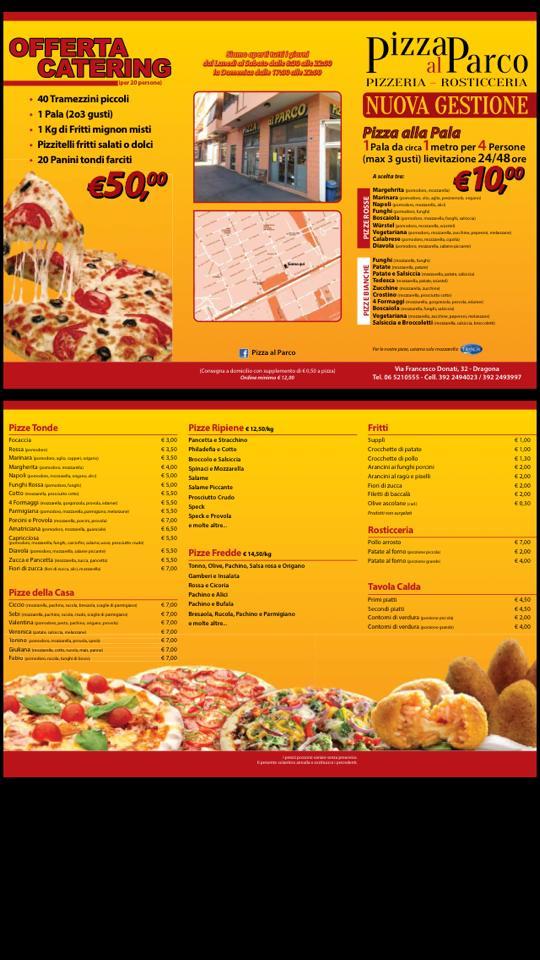 Menu at Pizza al Parco restaurant, Rome