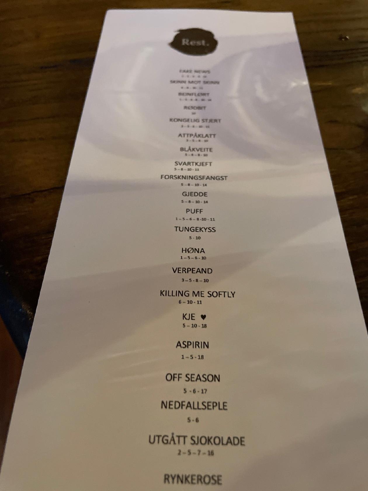 Menu at Rest restaurant, Oslo