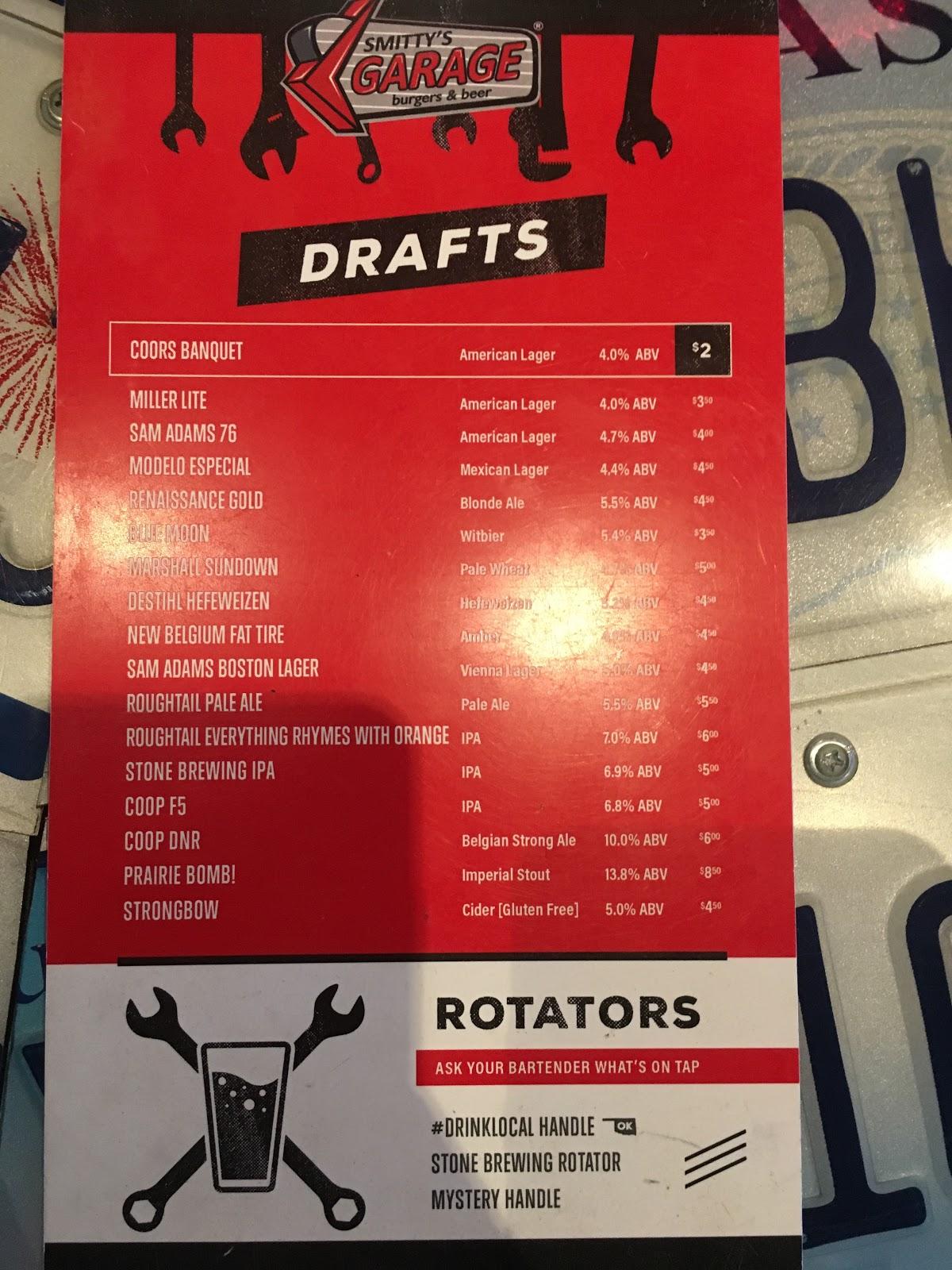 Menu at Smitty's Garage Burgers and Beer pub & bar, Tulsa, Riverside Pkwy