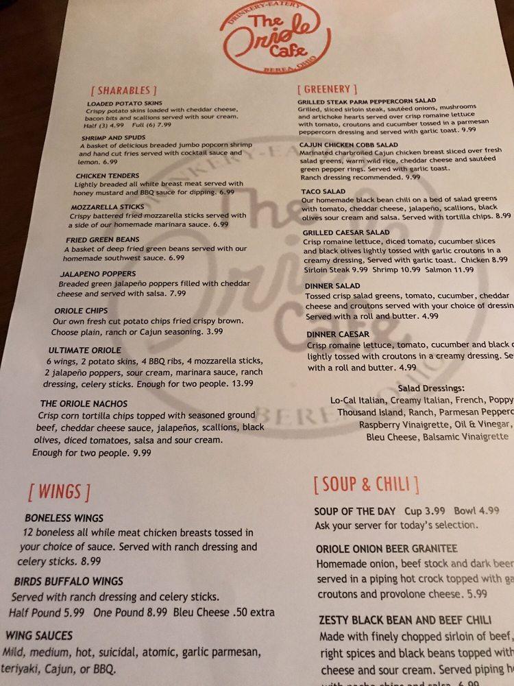 Menu at The Oriole Cafe, Berea