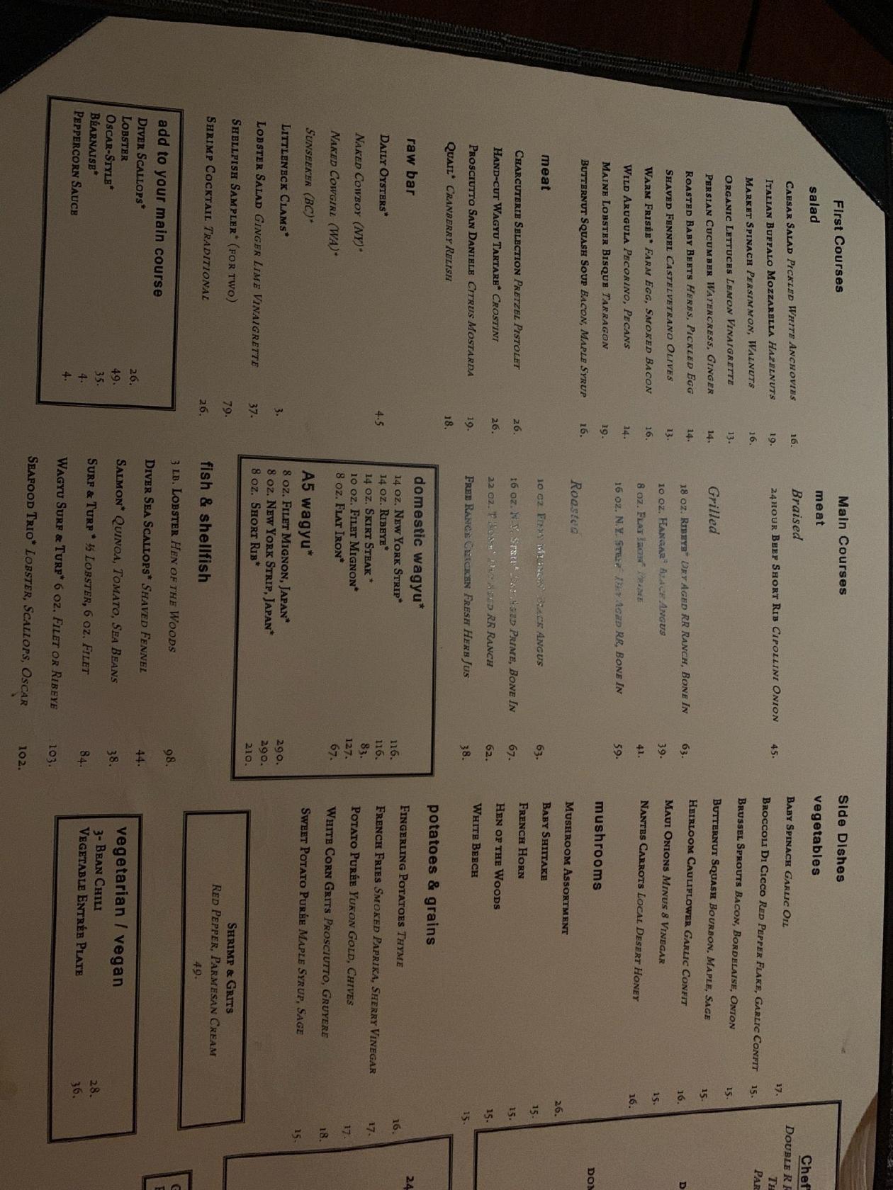 Menu at Tom Colicchio's Craftsteak steakhouse, Las Vegas