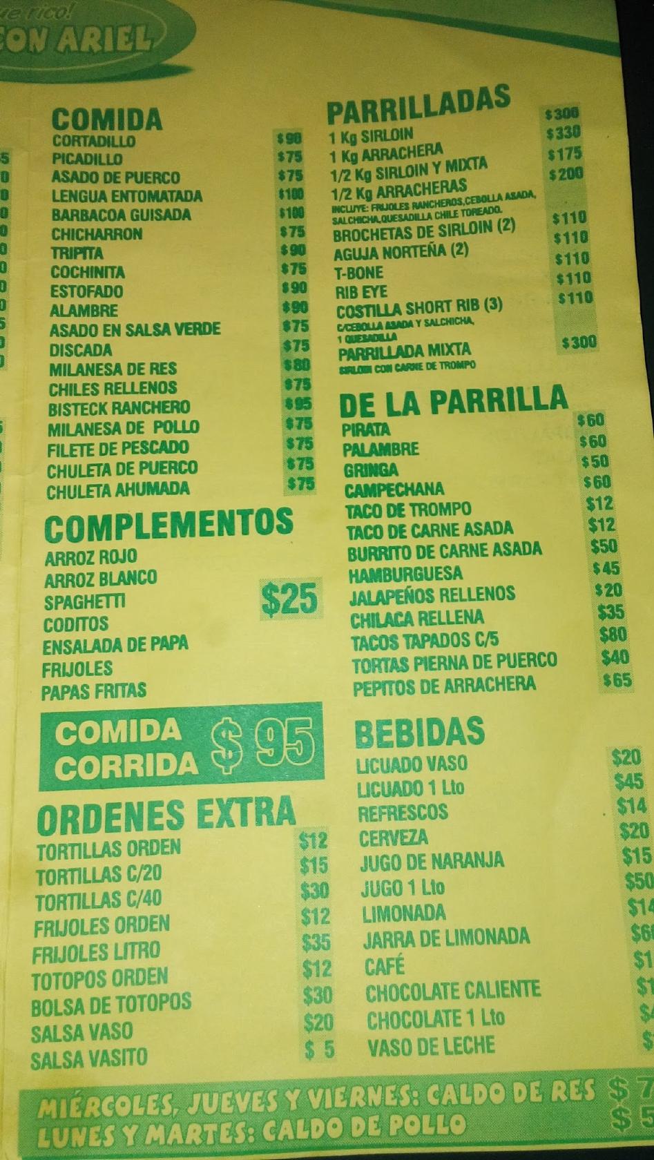 Carta del restaurante Ahi con Ariel, Sabinas