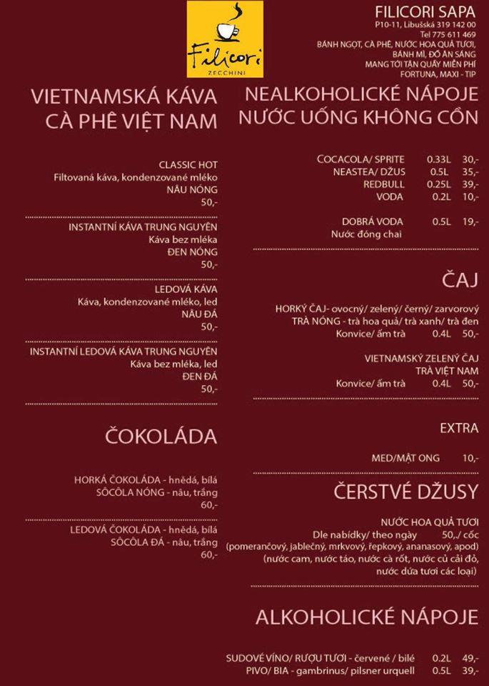 Menu at CAFE FILICORI SAPA, Prague